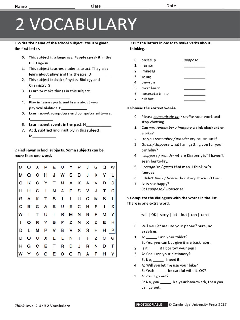 THINK L2 Unit 2 Vocabulary | PDF