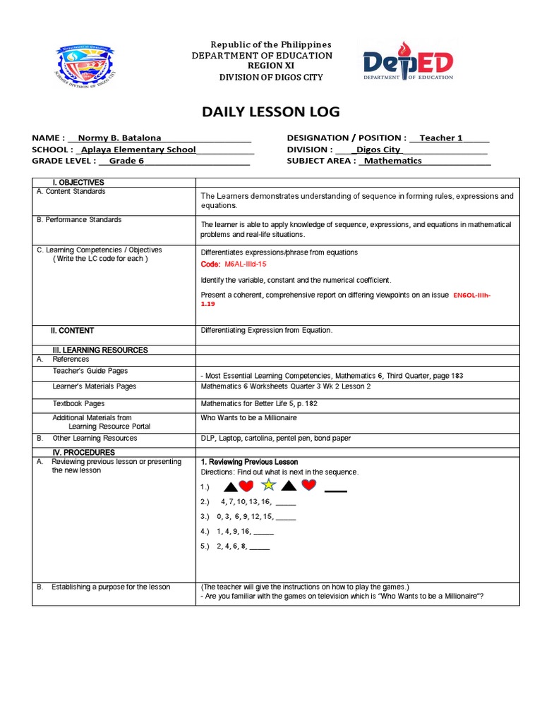 G6 DLP - Math - Cot | PDF | Equations | Learning