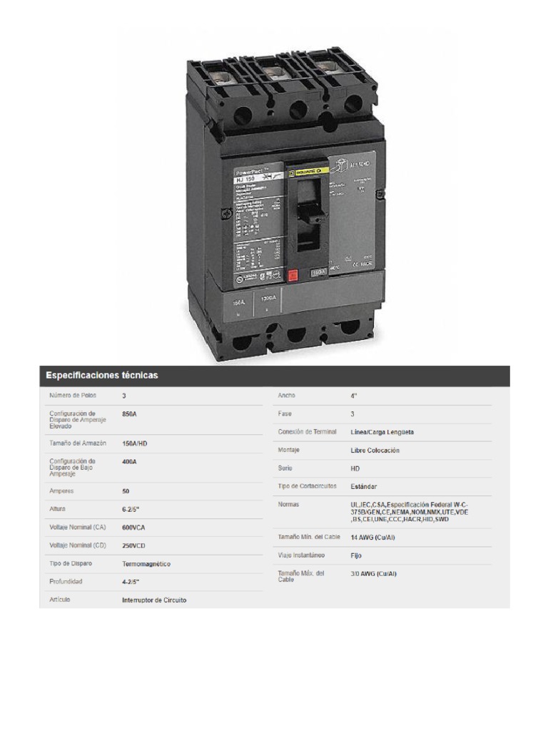 Interruptor Termomagnético Fal 100 Amperes 3 Polos Squre D | PDF