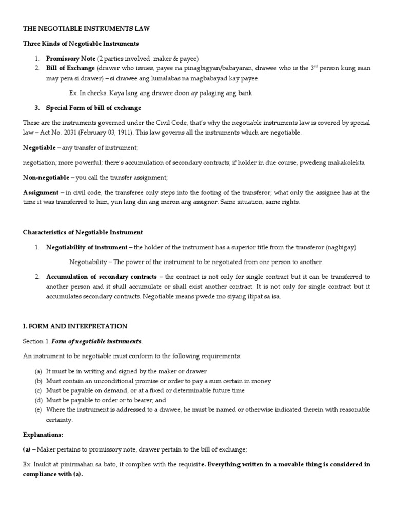 The Negotiable Instruments Law | PDF