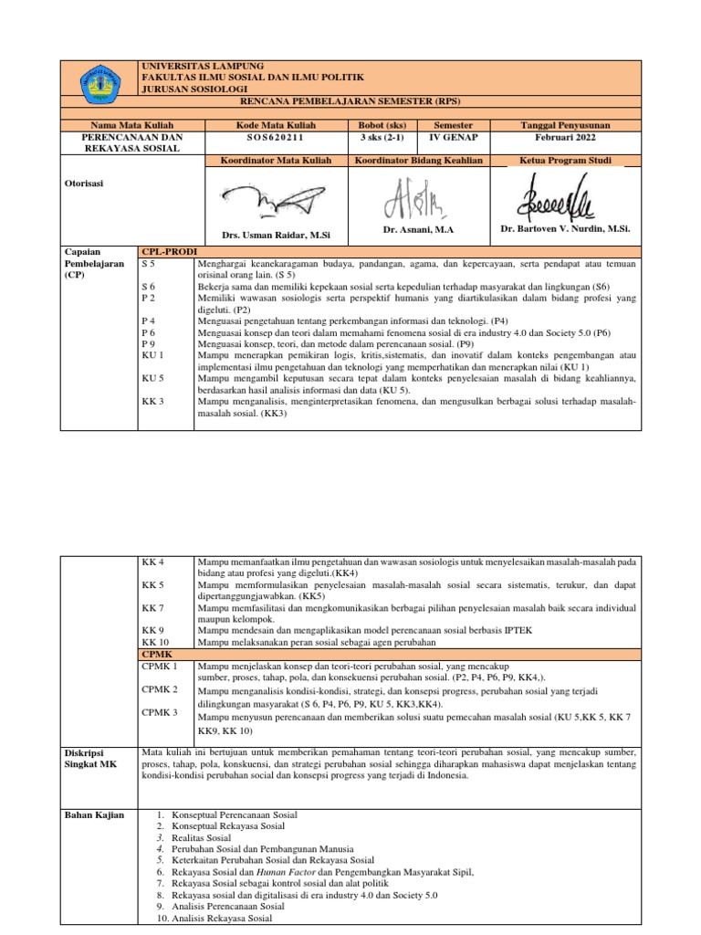 RPS - Perencanaan Dan Rekayasa Sosial - Team Based Project | PDF