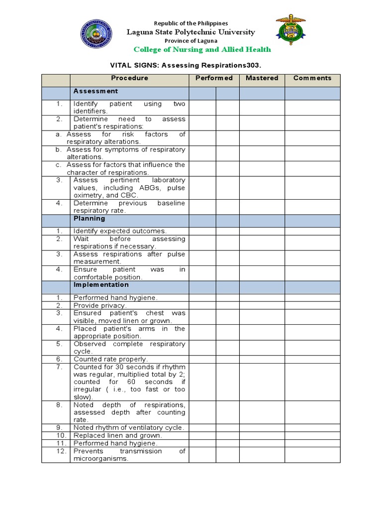 Assessing Respiration Checklist | PDF | Nursing | Health Sciences
