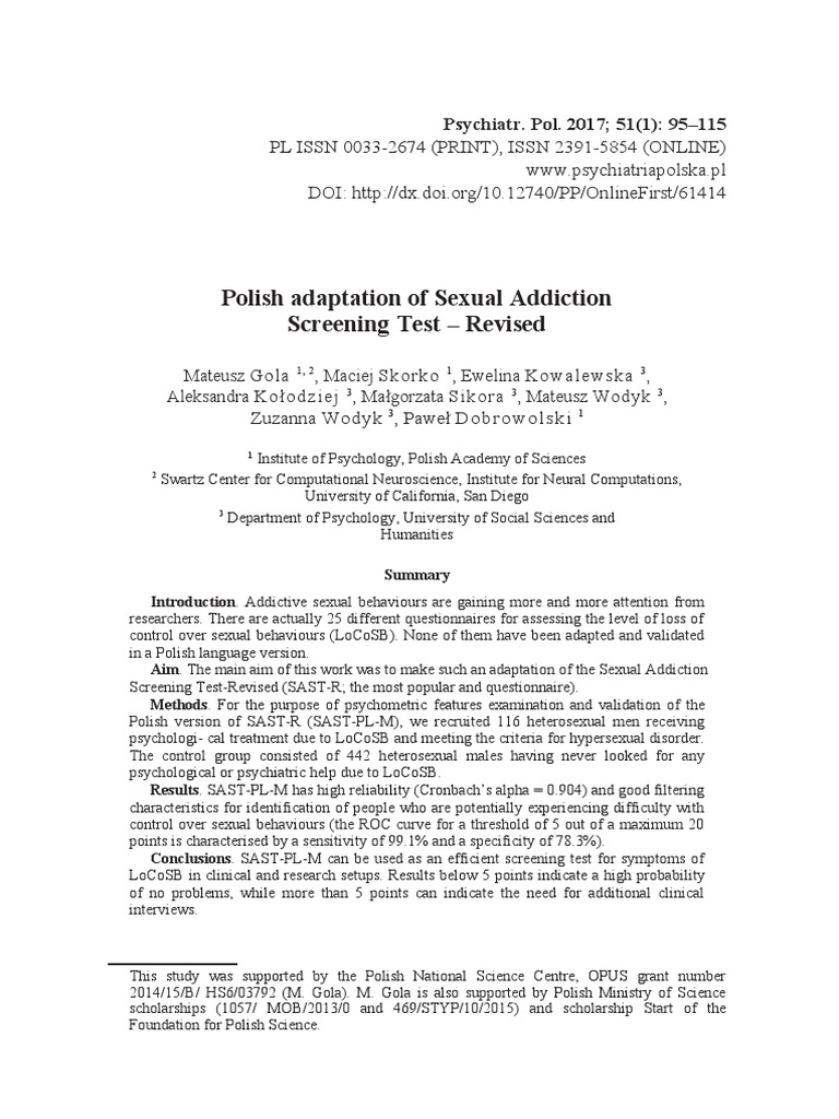 Sexual Addiction Screening Test Polska A Pdf