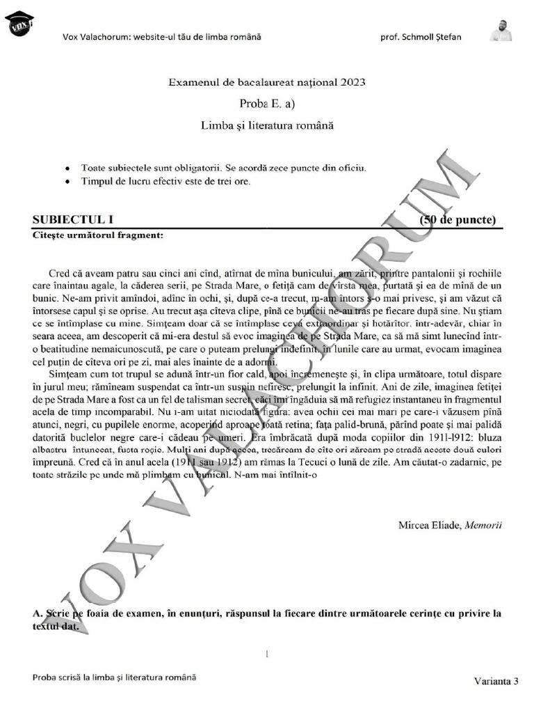 Testul de Antrenement Nr. 3 Vox Valachorum Bacalaureat Din 21 ...