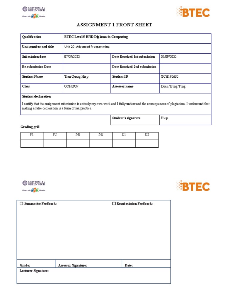 Unit 20 Assignment 1 Frontsheet Pdf Class Computer Programming