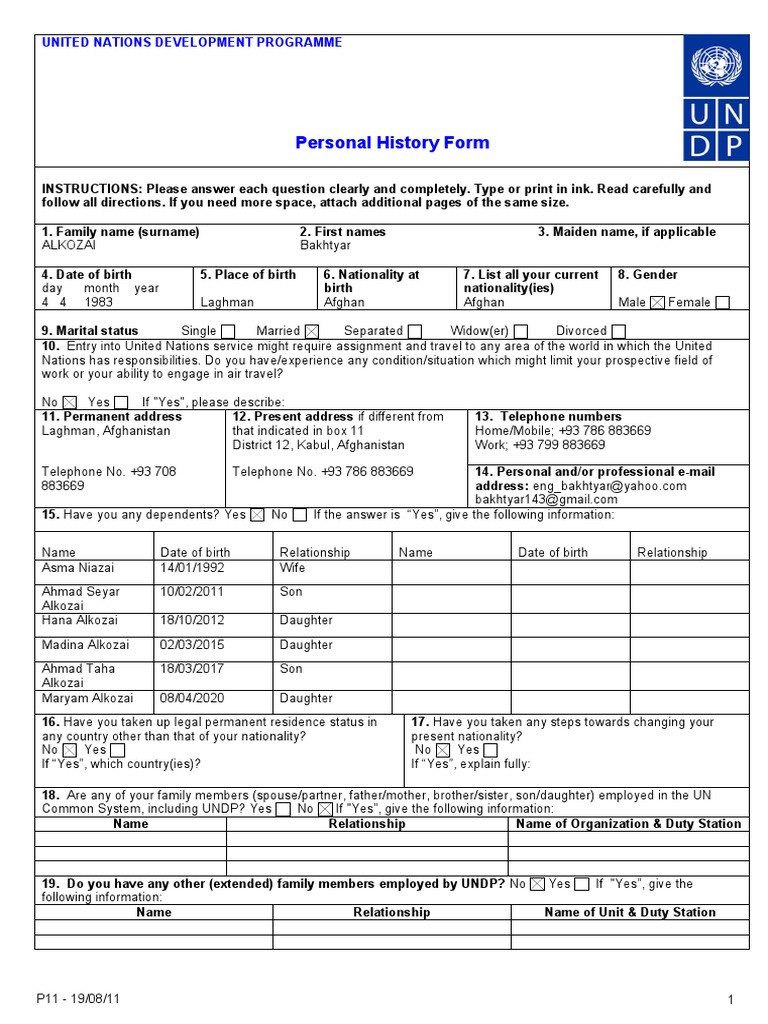 P11 Personal History Form Bakhtyar Alkozai | Download Free PDF ...