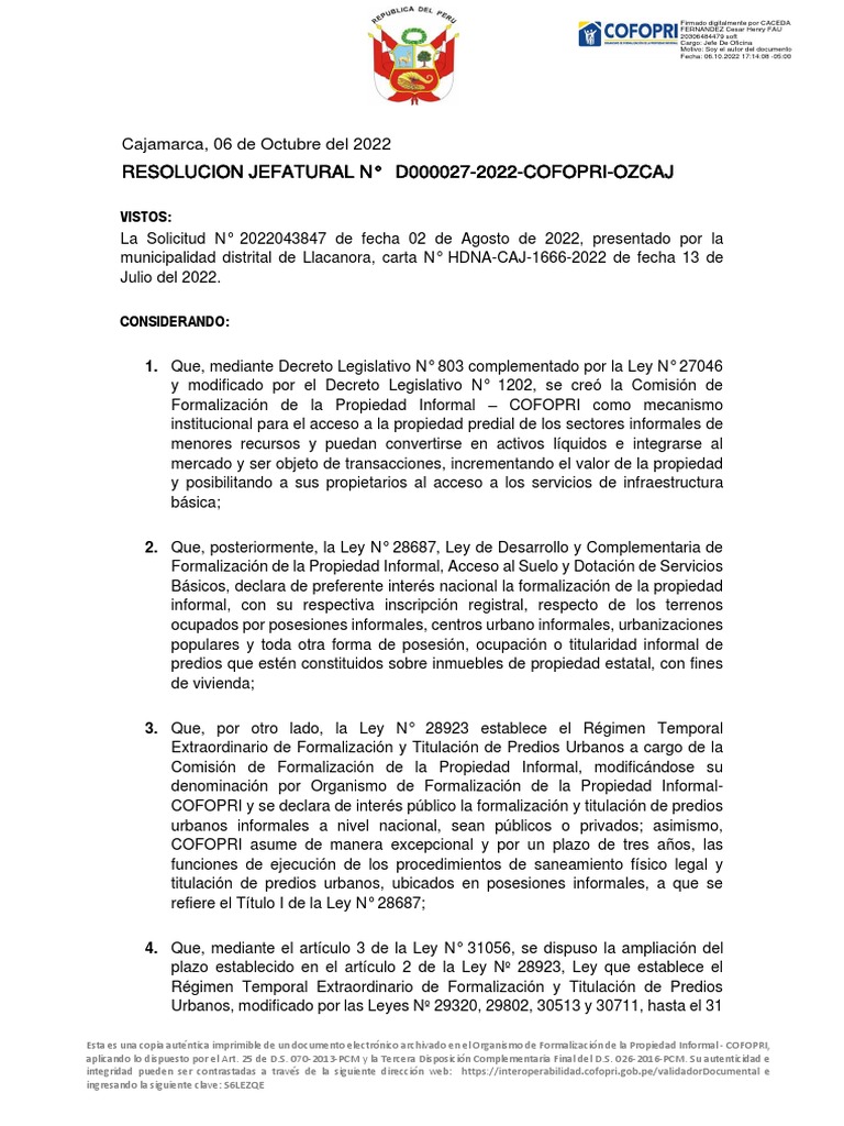 RESOLUCION JEFATURAL-000027-2022-OZCAJllacanora Cables de Luz | PDF ...