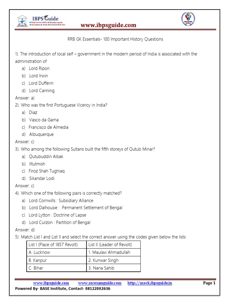 RRB 100 Important History Questions - Download in PDF | PDF