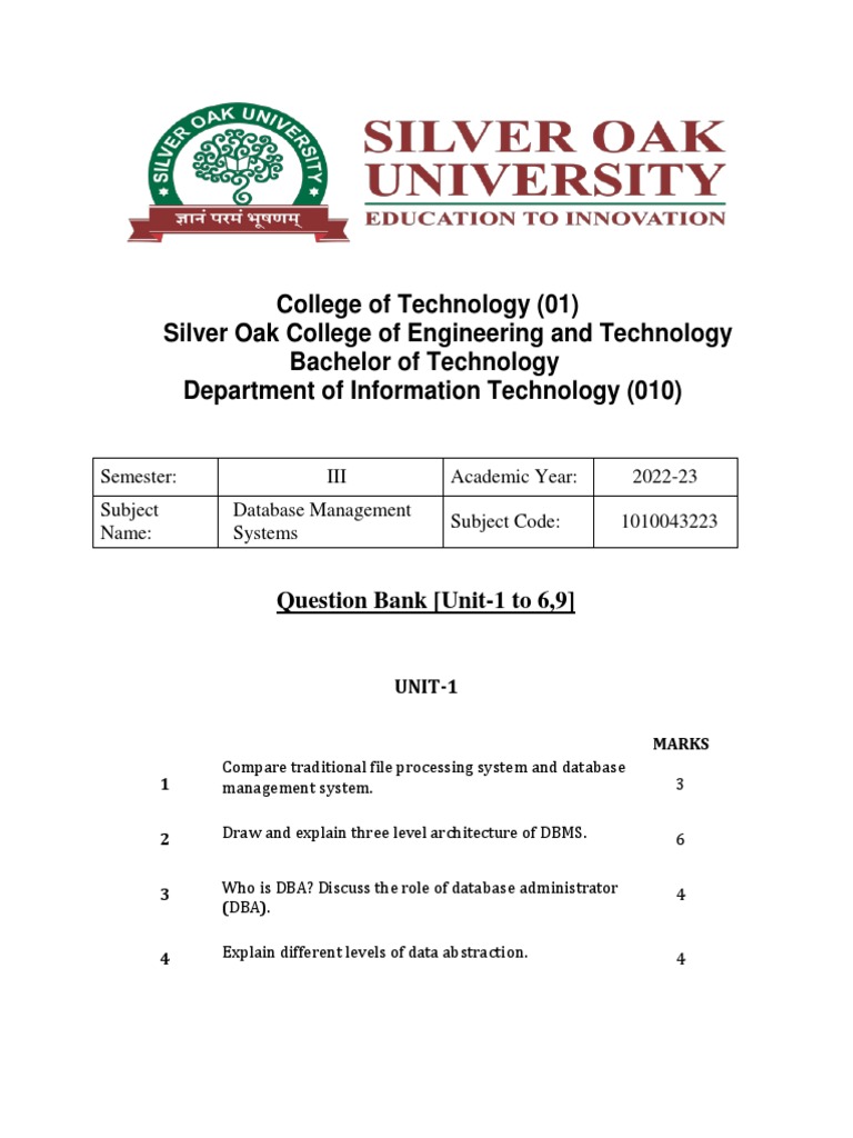 DBMS - Question Bank (Unit 1 To 6,9) | PDF | Databases | Relational Model