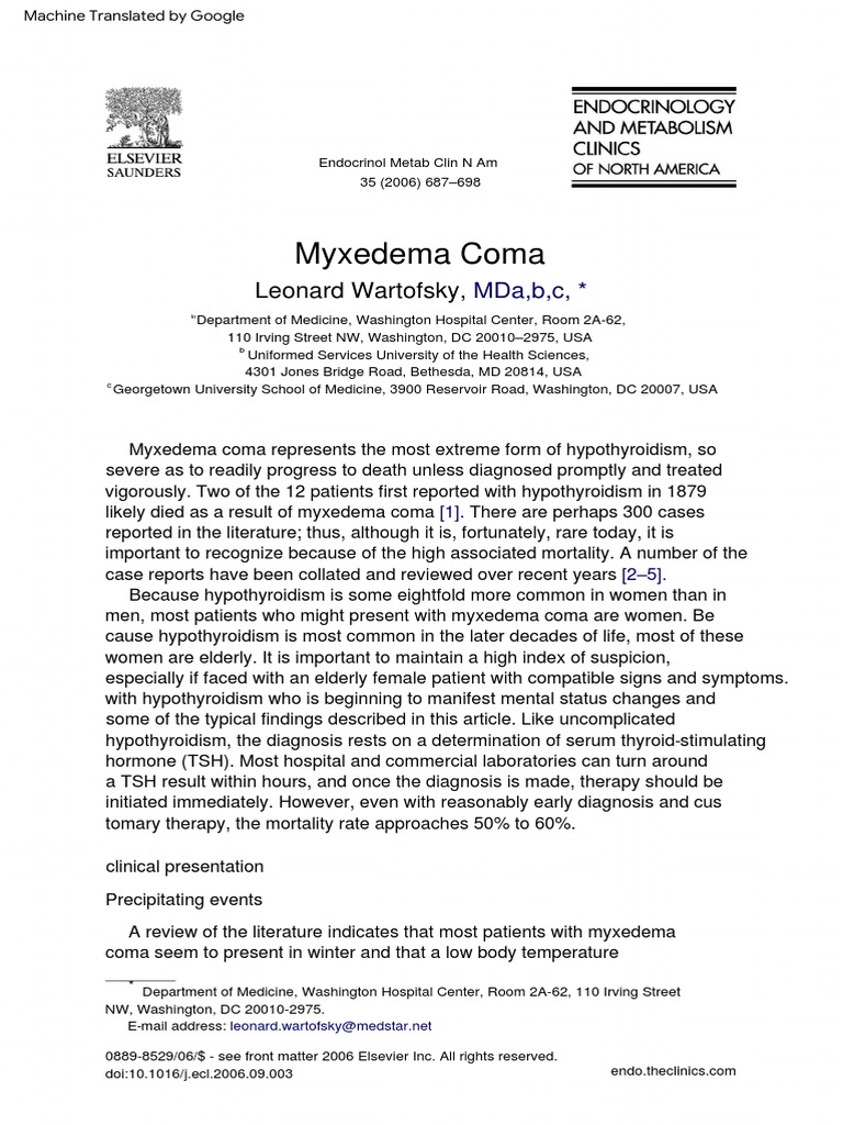 Myxedema Coma: A Review of Its Clinical Presentation, Precipitating ...