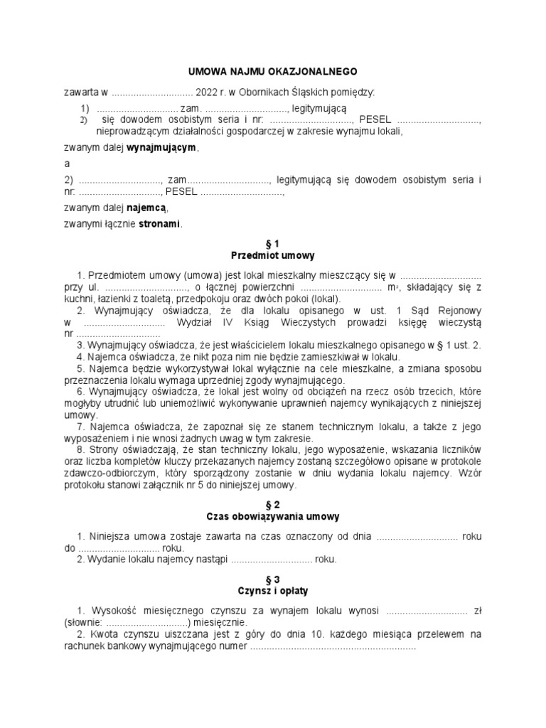 Wzor Najem Okazjonalny Umowa | PDF