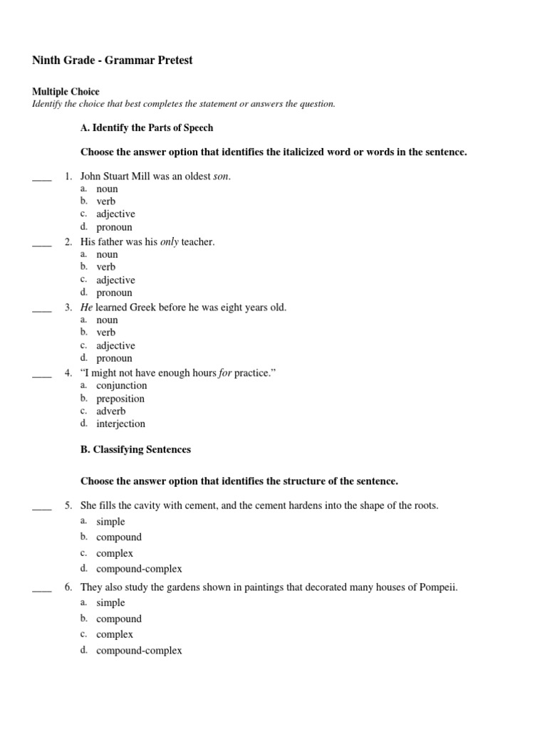 9th Grade Grammar Pretest Guide | PDF | Adjective | Verb