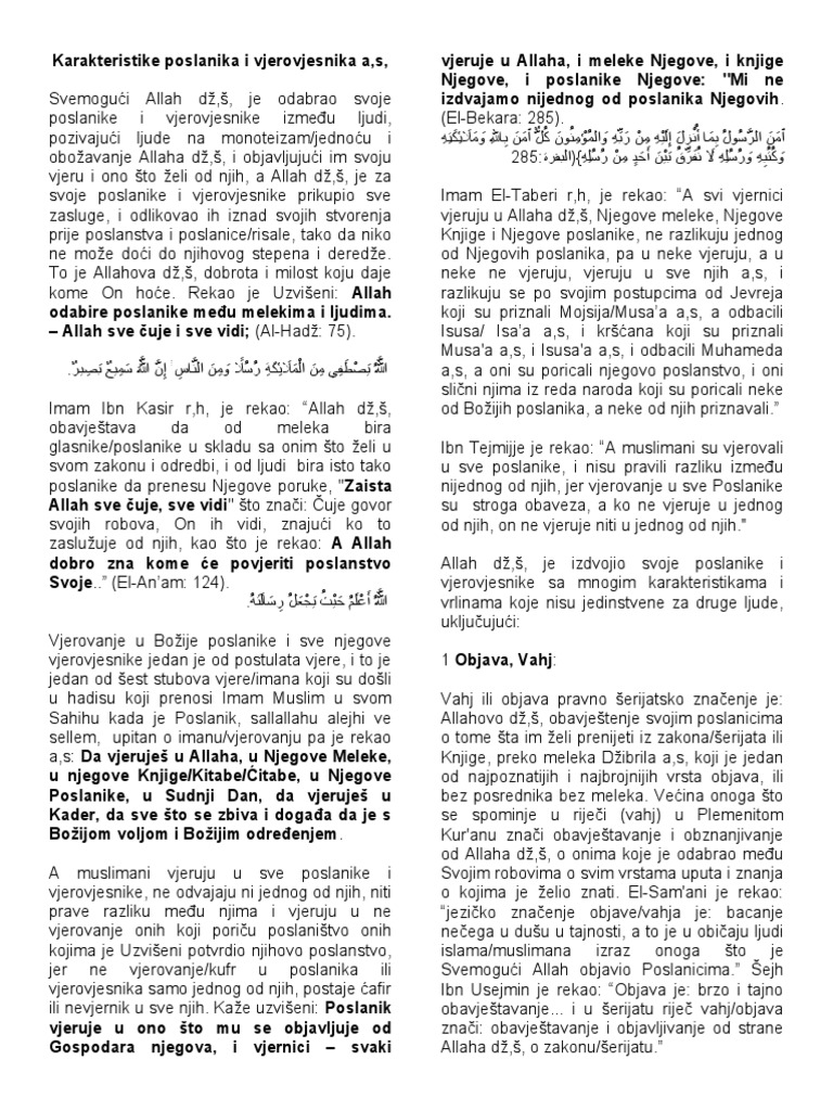 Karakteristike Poslanika I Vjerovjesnika A, S | PDF