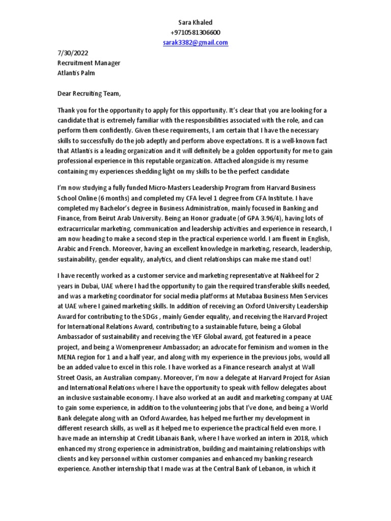 Atlantis Cover Letter | PDF | Leadership | Marketing