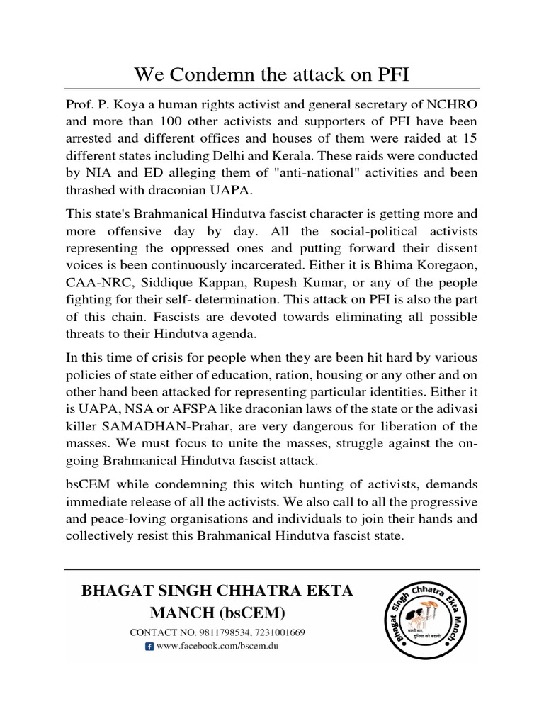 We Condemn The Attack On PFI | PDF