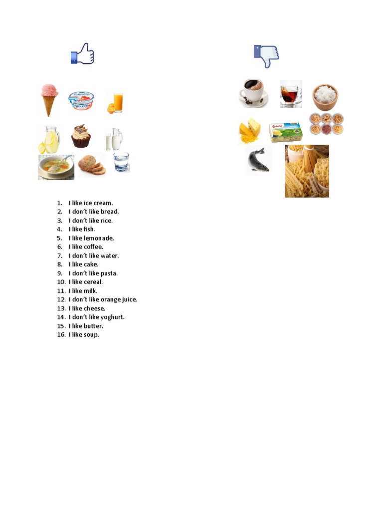 Food II, Like Vs Don't Like | PDF | Cooking, Food & Wine