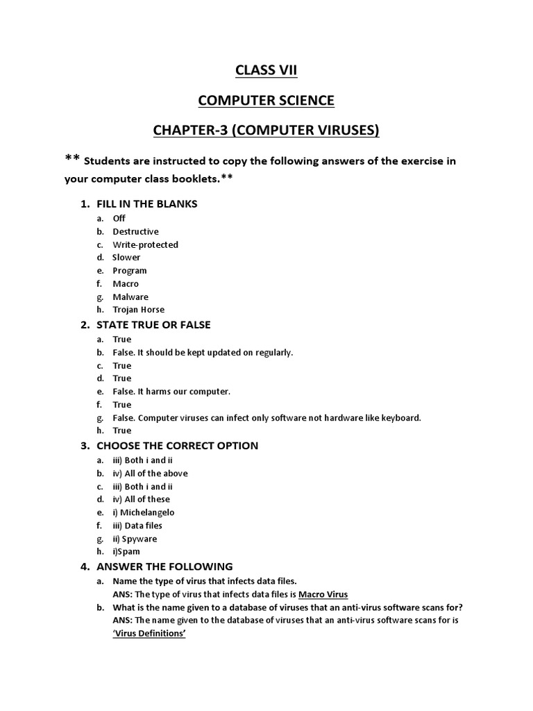 Class 7 Computer Science Chapter 3 Computer Viruses Pdf Computer Virus Antivirus Software 