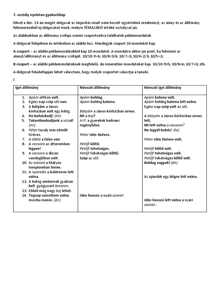 Alany-Állítmány Felismerése 7. Osztály | PDF