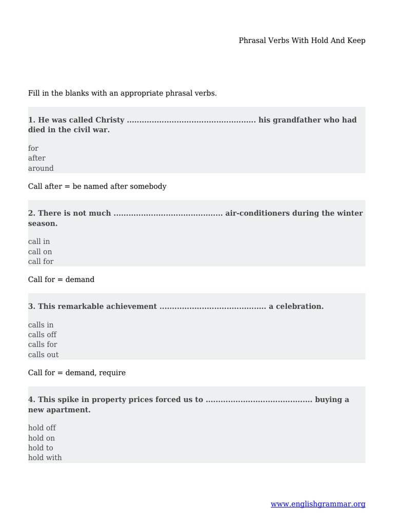 Phrasal Verbs With Hold and Keep | PDF | Language Arts & Discipline ...