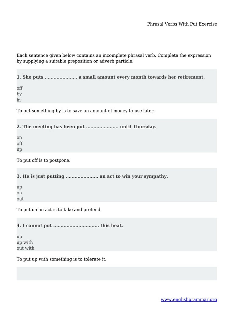 Phrasal Verbs with "Put" Exercise | PDF | Morphology | Human Communication