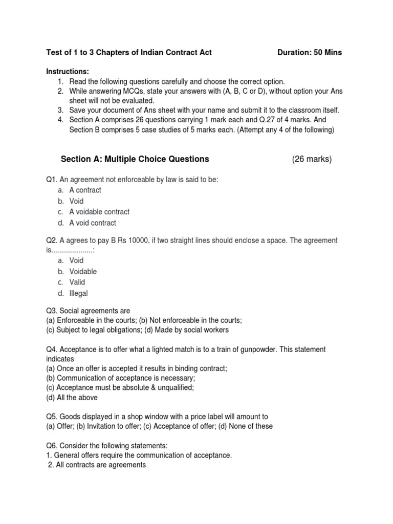 Prac Ques1 To 3 Chapters of Indian Contract Act | PDF | Consideration | Multiple Choice