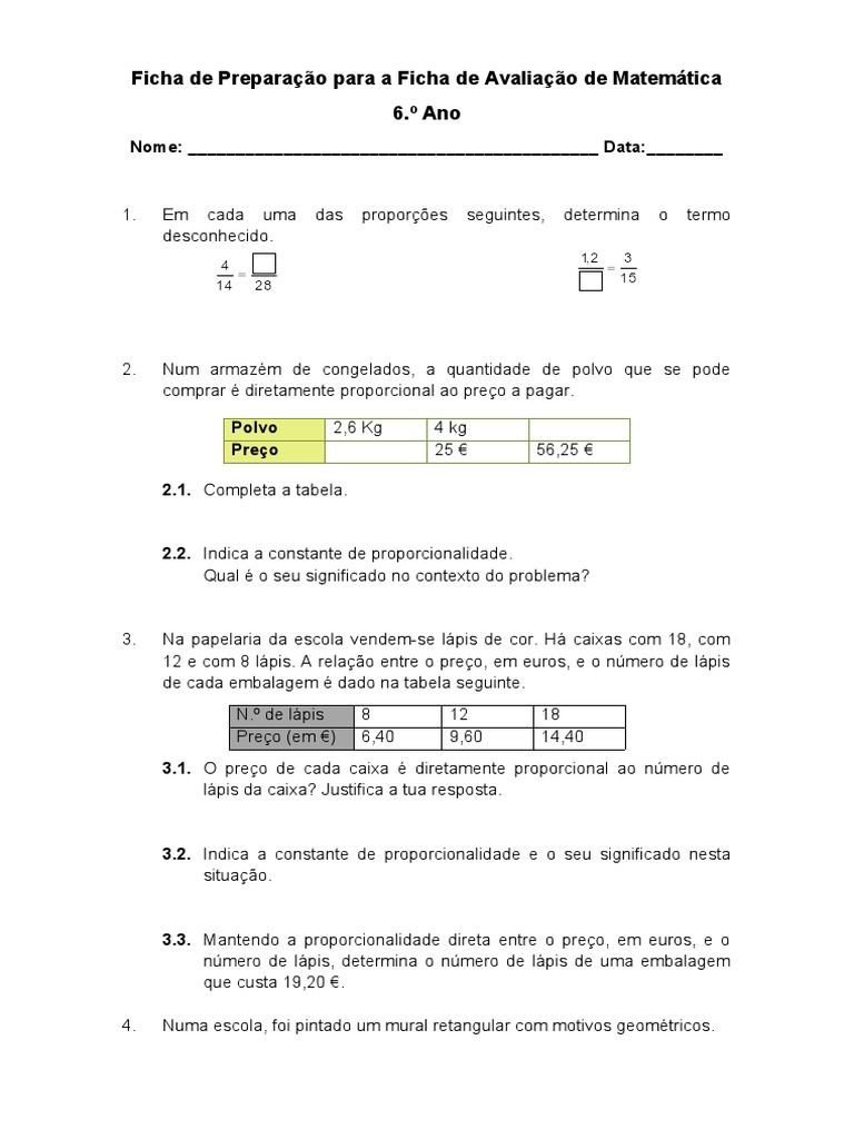 Ficha de Trabalho MAT 6 Ano | PDF | Pi | Círculo