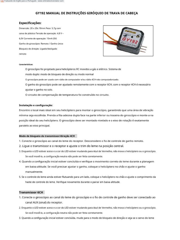 Manual Gyro GY192 Helicóptero 4ch em Português | PDF | Giroscópio ...