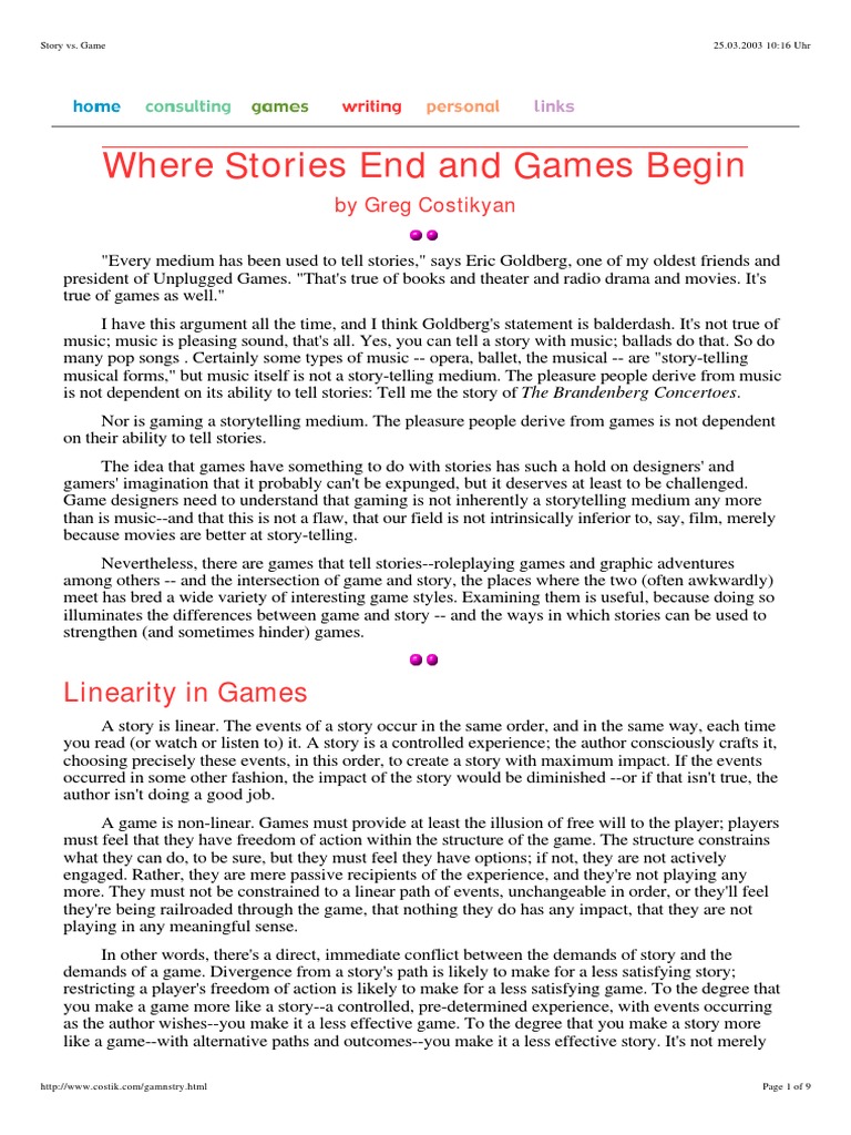 Costikyan, G. - Where Stories End and Games Begin | PDF