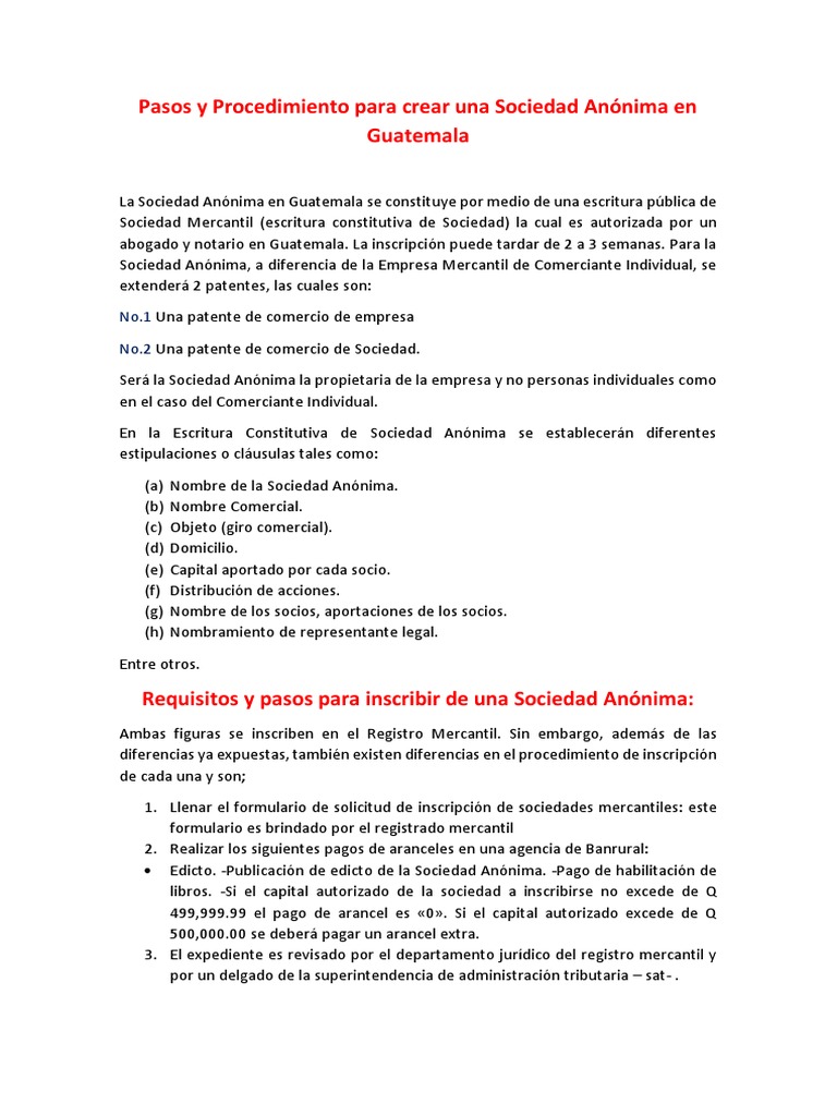 Procedimiento y Requisitos para Constituir Una Sociedad Anónima | PDF | Economias | Justicia