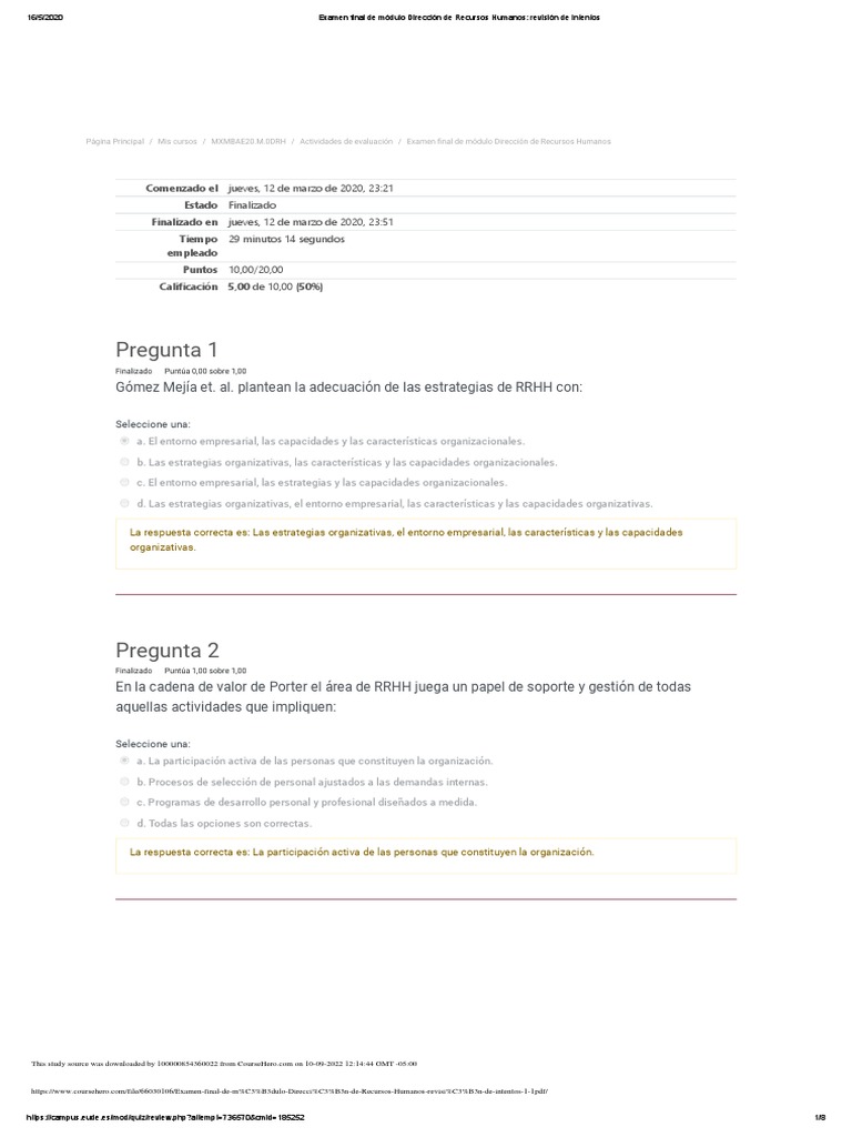 Examen Final de M Dulo Direcci N de Recursos Humanos Revisi N de Intentos 1 1 PDF | PDF ...