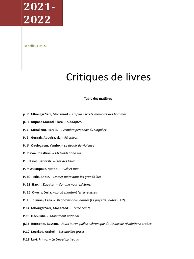 Critiques littéraires 2021-2022 | PDF | Romans