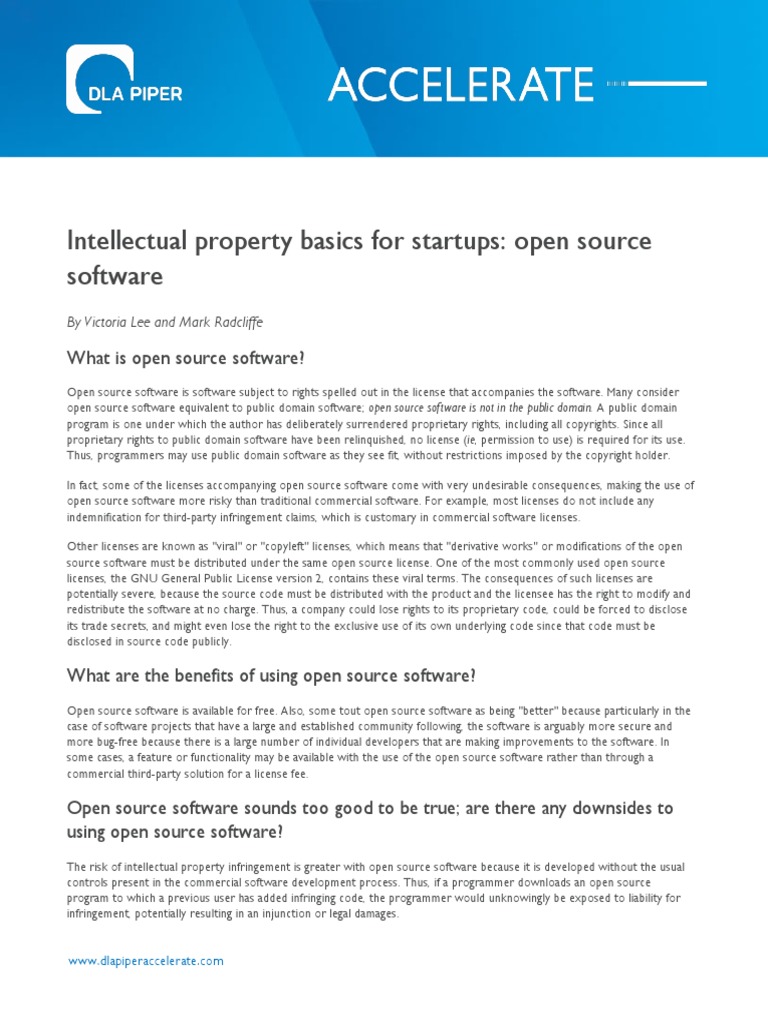 DLA Piper Accelerate - Intellectual Property Basics For Startups - Open Source Software | PDF