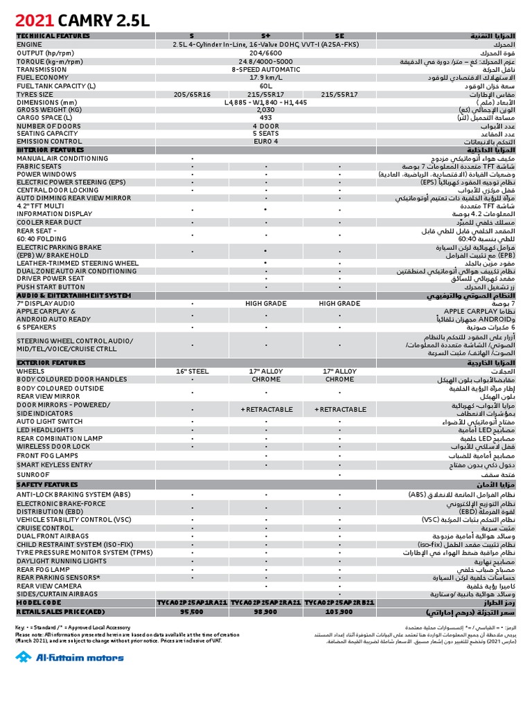 Toyota Camry Specs Sheet Web 3 | PDF | Anti Lock Braking System ...