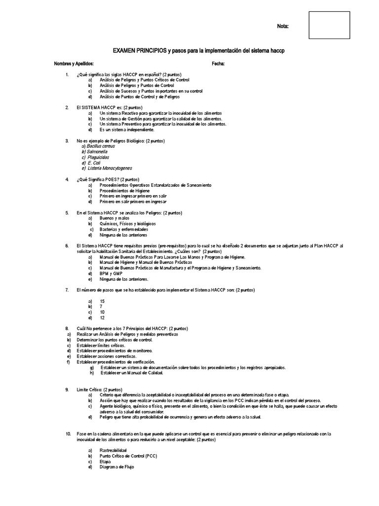 Examen HACCP A | PDF | Análisis de Riesgo y Puntos Críticos de Control ...