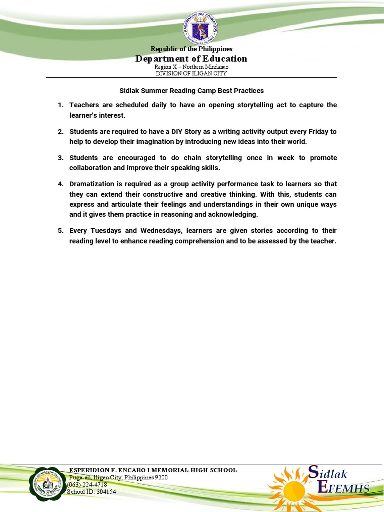 Efemhs Best Practices in Summer Reading Camp | PDF | Storytelling ...
