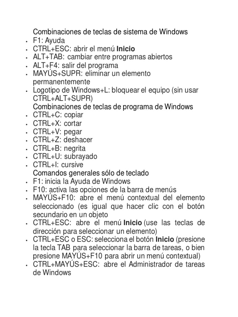 Combinaciones de Teclas de Sistema de Windows | PDF