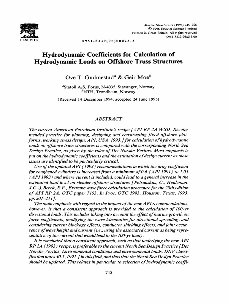 Hydrodynamic Coefficients For Calculation Of Hydrodynamic Loads On Offshore Truss Structures Pdf