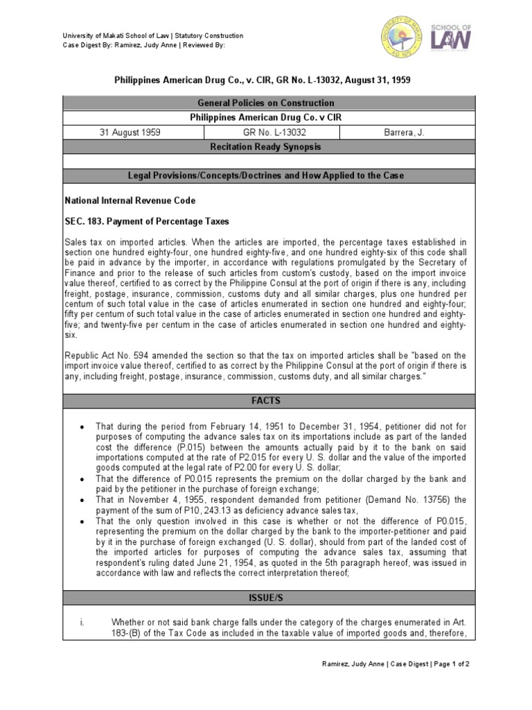 Philippines American Drug Co., V. CIR, GR No. L-13032, August 31, 1959 ...