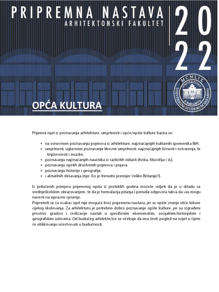 Pripremna Nastava 2022 Opca Kultura | PDF