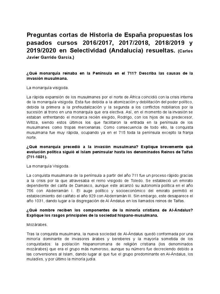 Preguntas Cortas Resueltas 2016-2020 | PDF | Imperio español | Guerra peninsular