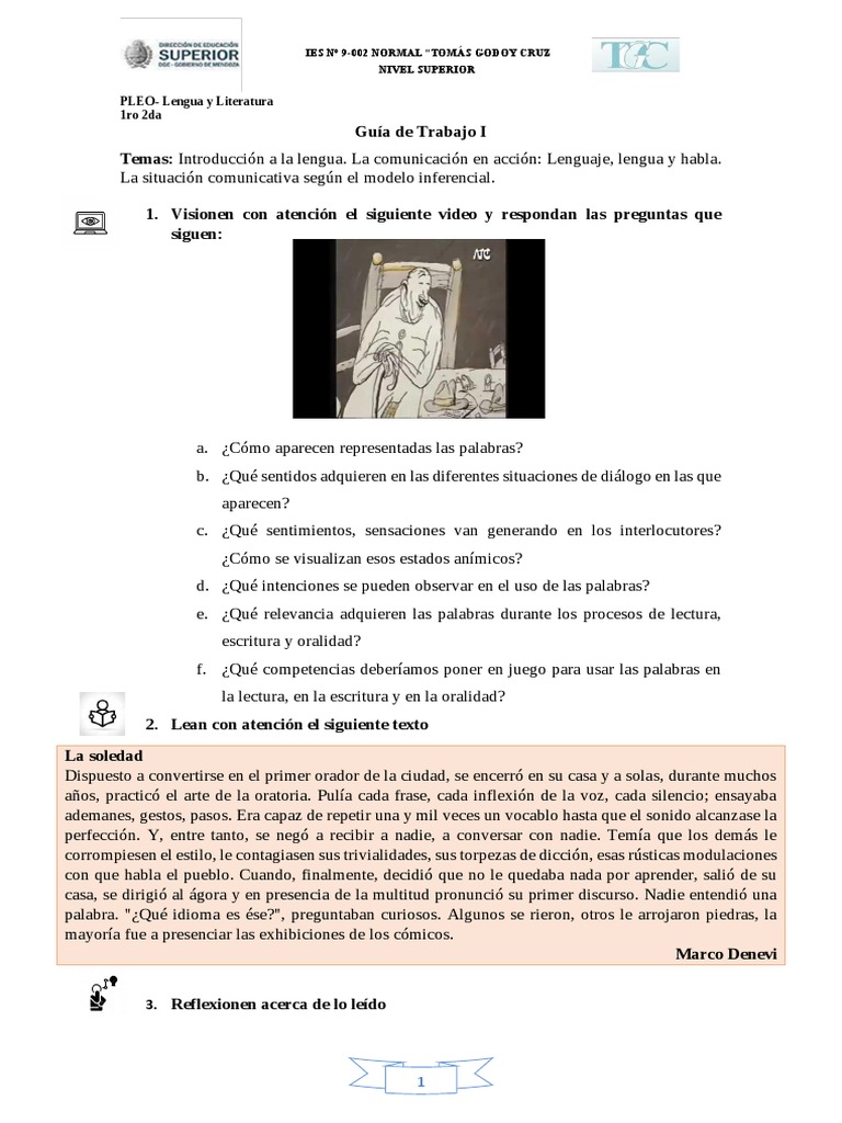 Guía de Trabajo I - PLEO 1ro 2da - Lengua y Literatura | PDF | Comunicación | Habla
