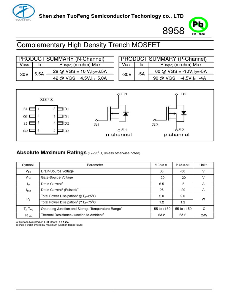 Complementary High Density Trench MOSFET: PRODUCT SUMMARY (N-Channel ...