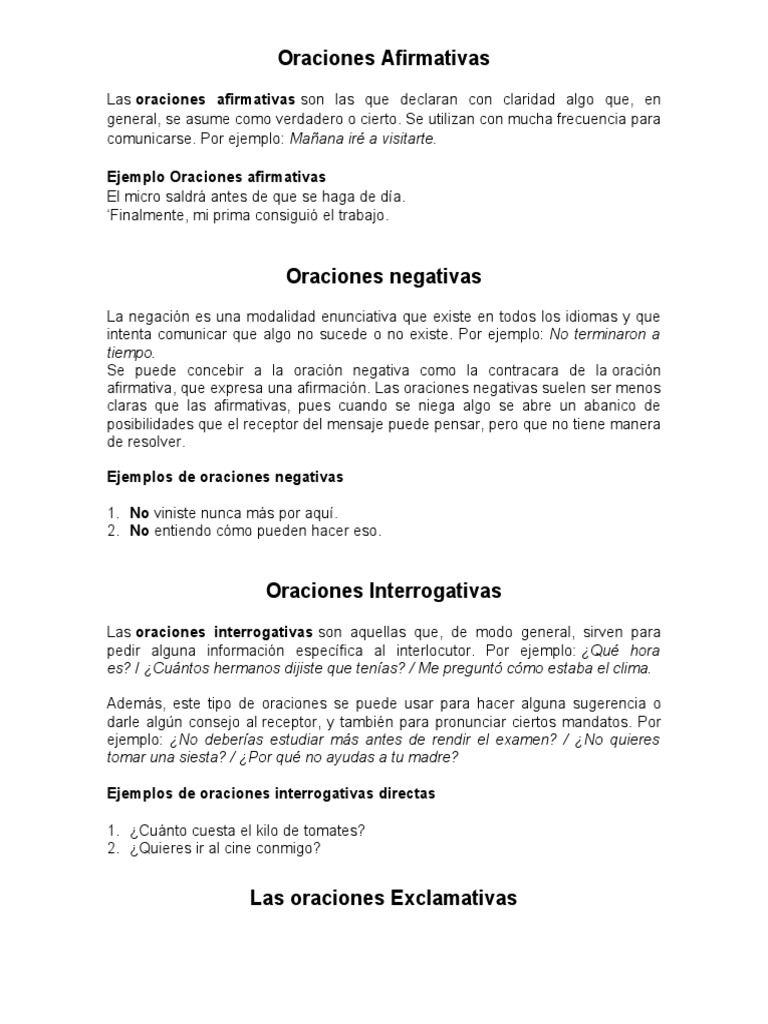 Ejemplos de Oraciones Afirmativas | PDF | Oración (Lingüística) | Gramática