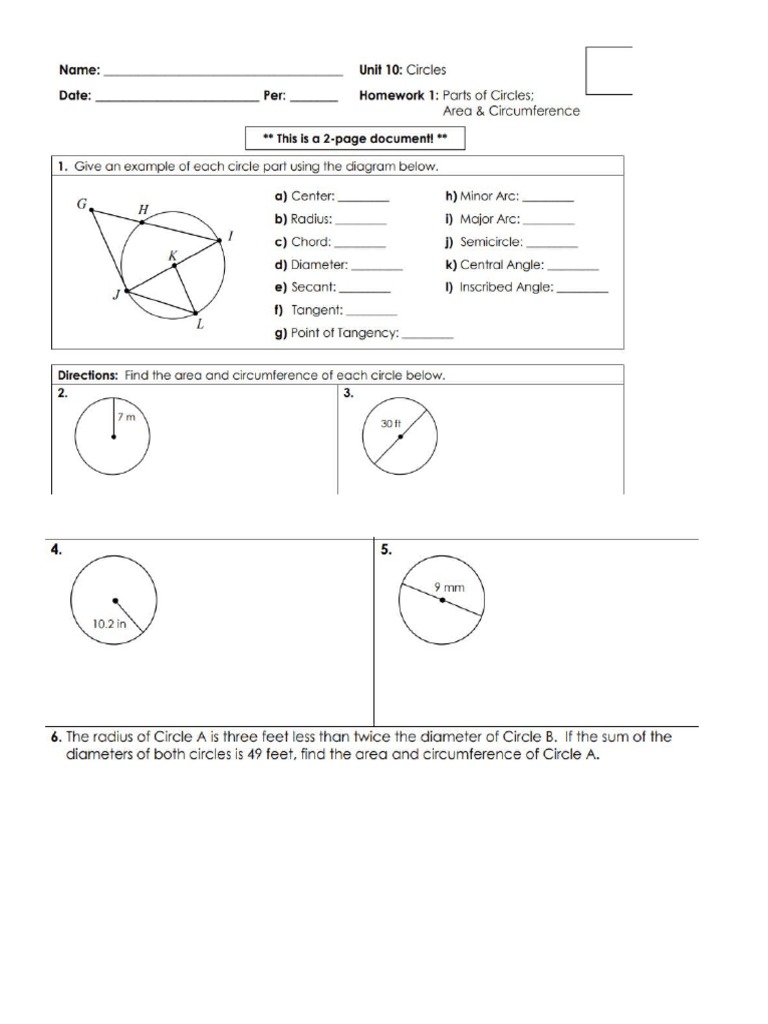 Handout Area and Circumference | PDF