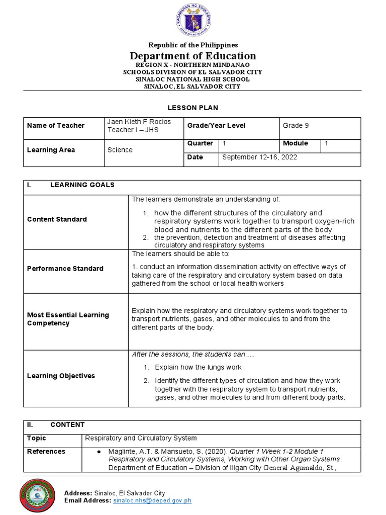 Lesson Plan - Week 2 Science 9 | PDF | Breathing | Learning