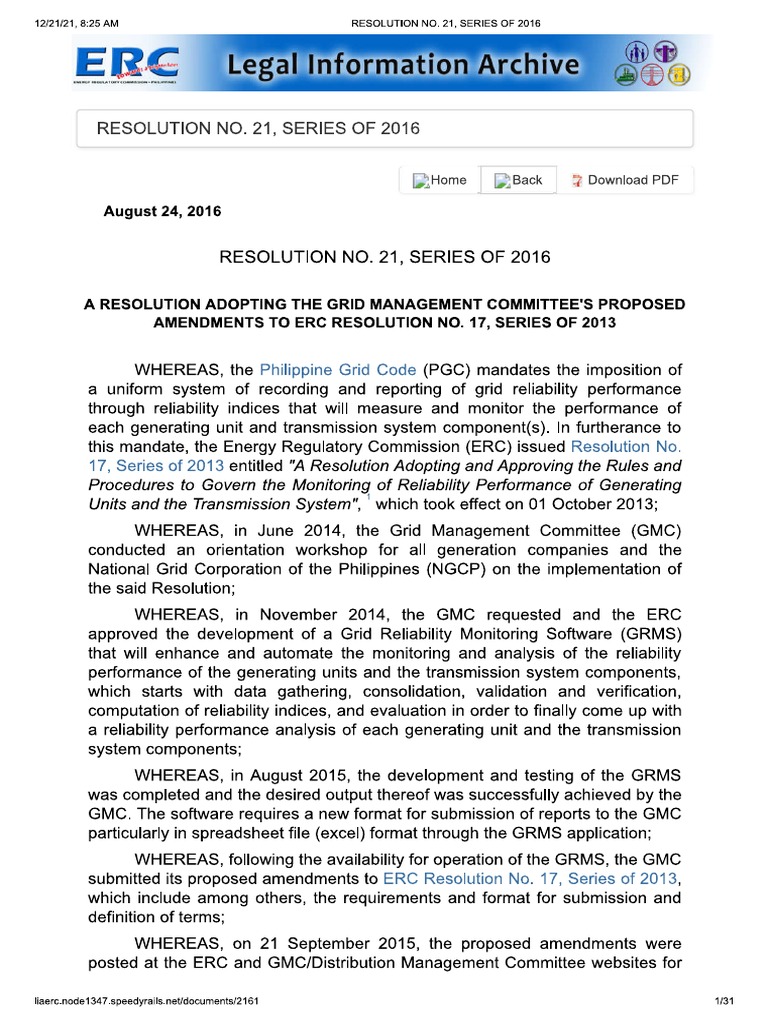 ERC Resolution No. 21, Series of 2016 | PDF
