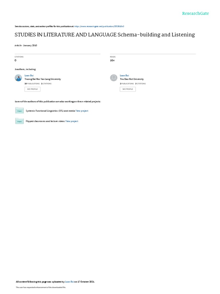 Bui STUDİES İN LİTERATURE AND LANGUAGE Schema-Building and Listening | PDF | Schema (Psychology ...