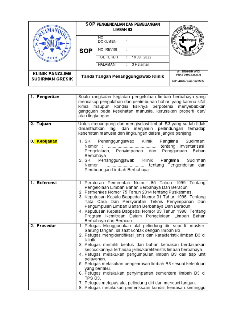 Sop Pengendalian Dan Pembuangan Limbah B3 | PDF