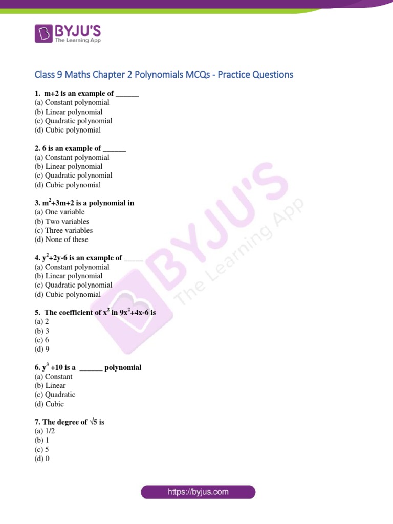 Class 9 Maths Chapter 2 Polynomials MCQs | PDF