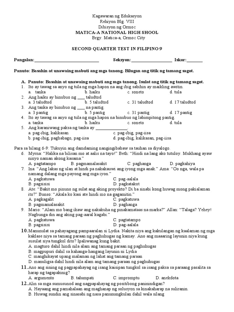 Second Quarter Test Filipino 9 1 | PDF